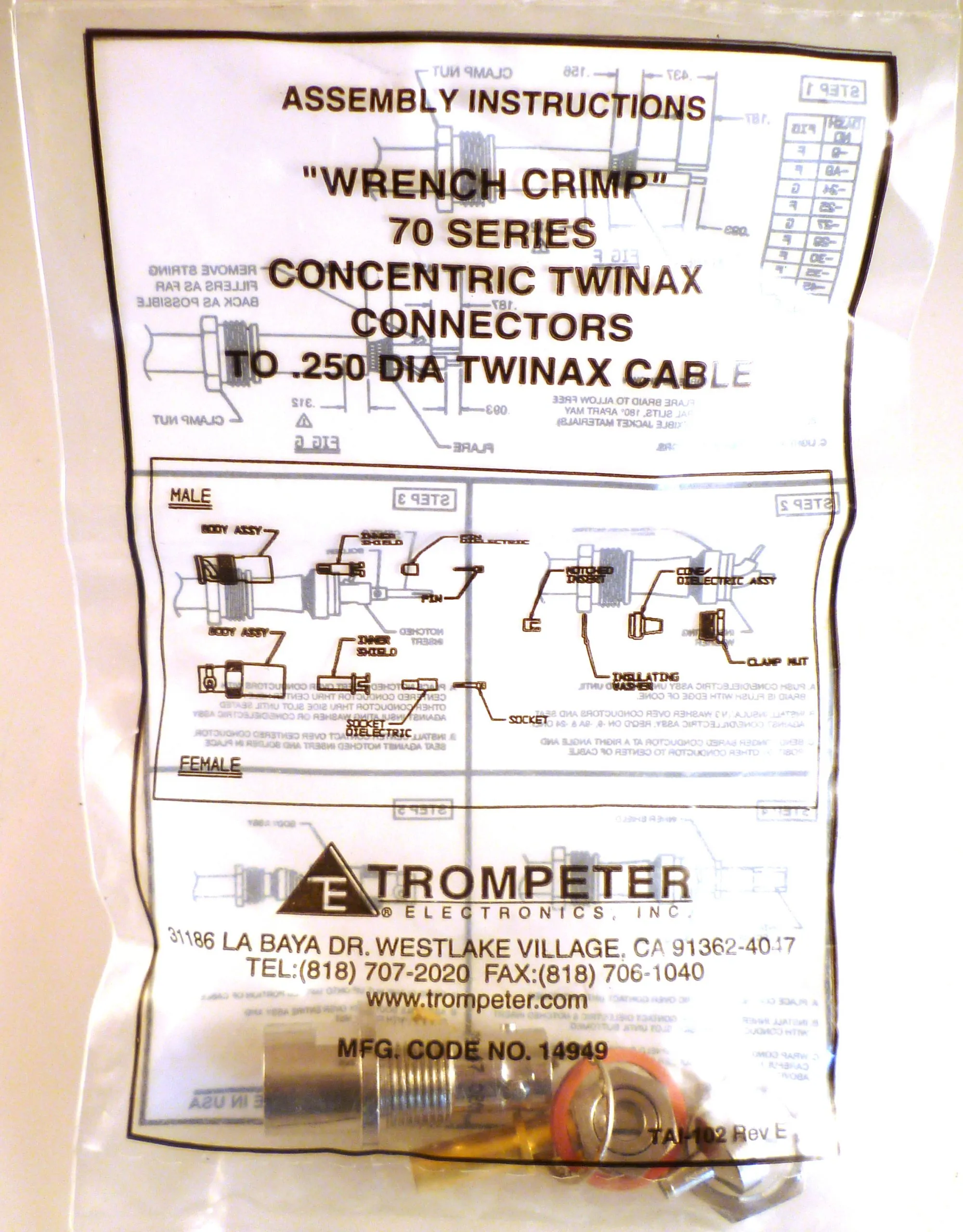 Trompeter BJ79-47 ‘Wrench Crimp’ 70 Series Twinax Connector 75 Ohm ...